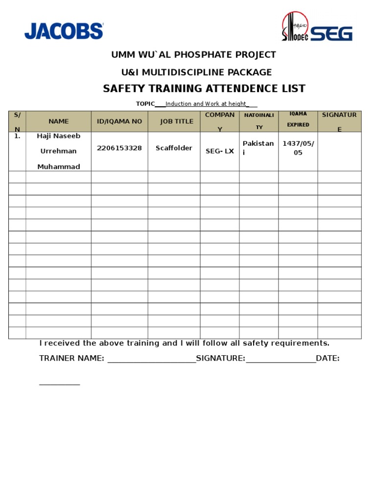 Safety Training Attendance List for Umm Wu'al Phosphate Project ...