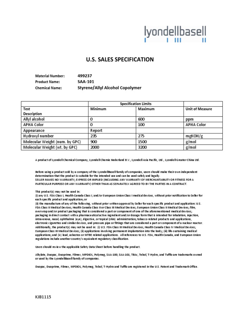 U.S. Sales Specification: 499237 SAA-101 Styrene/Allyl Alcohol ...