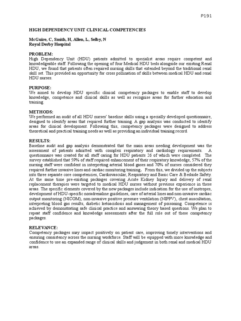 High Dependency Unit Clinical Competencies Mcguire, C, Smith, H, Allen ...