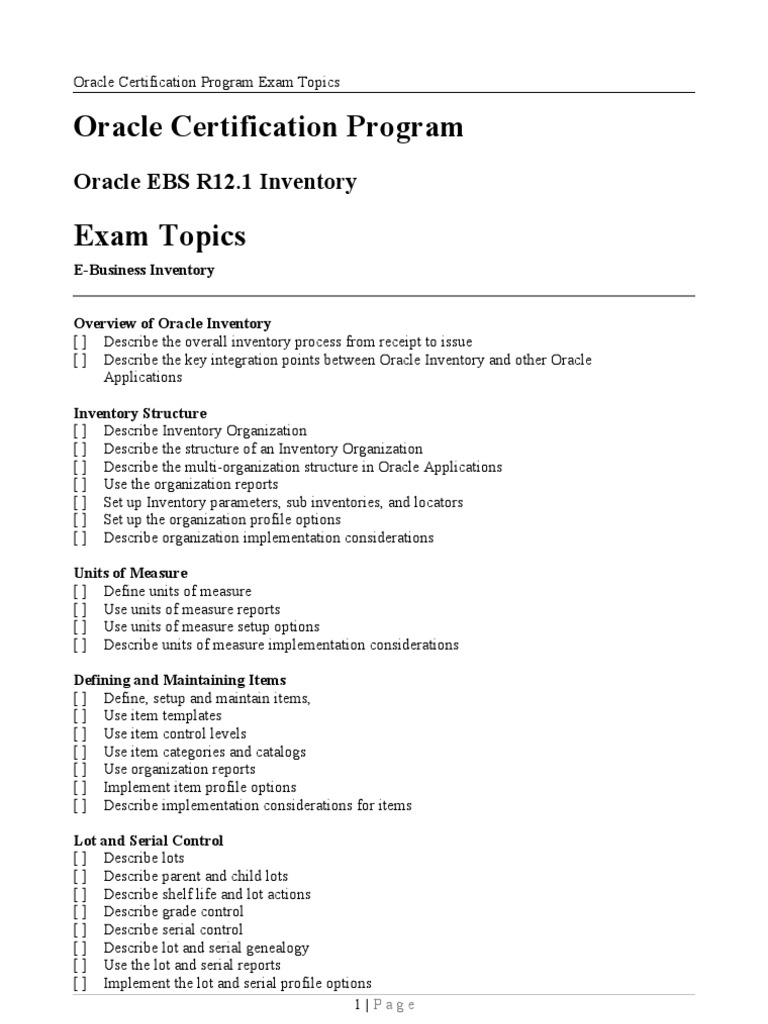 Oracle EBS R12.1 Inventory Certification | PDF | Inventory | Information Technology Management