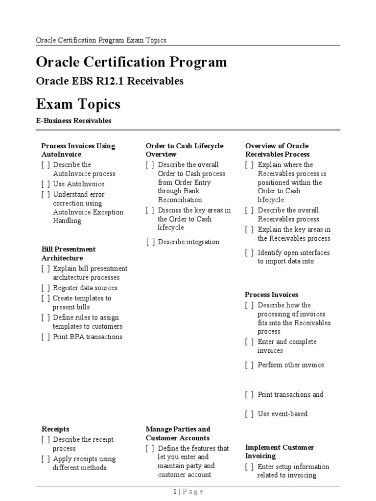Oracle EBS R12.1 Receivables Certification | PDF | Receipt | Invoice
