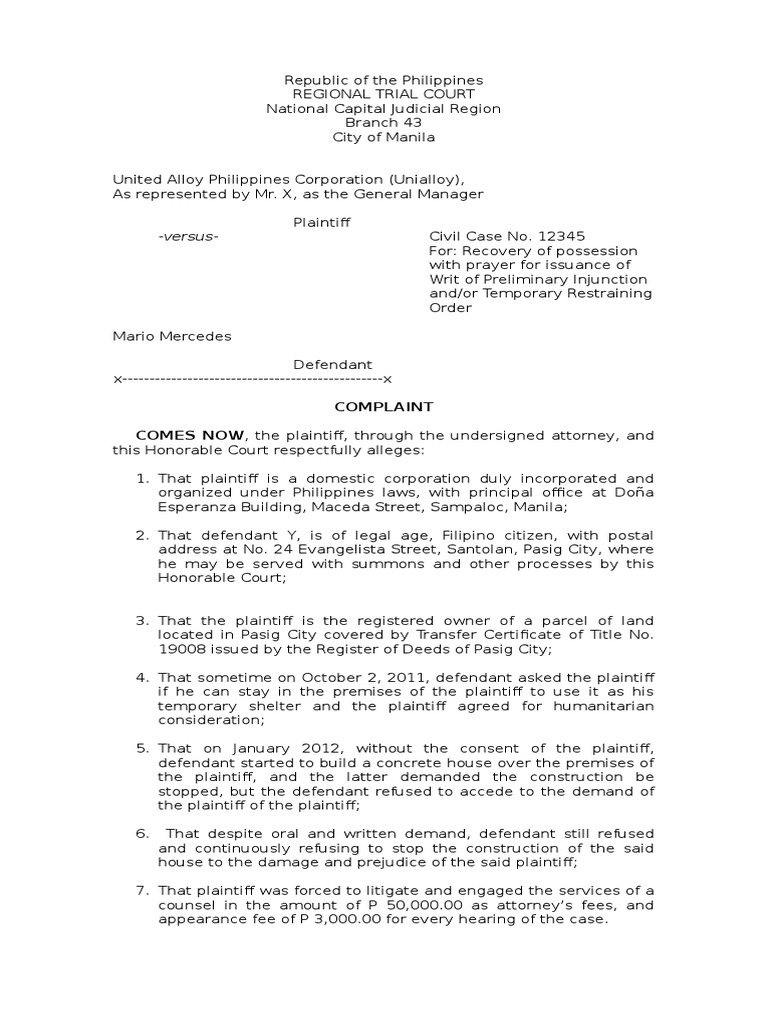 Complaint With Prayer For Injunctive Relief | PDF | Injunction | Civil Law (Common Law)