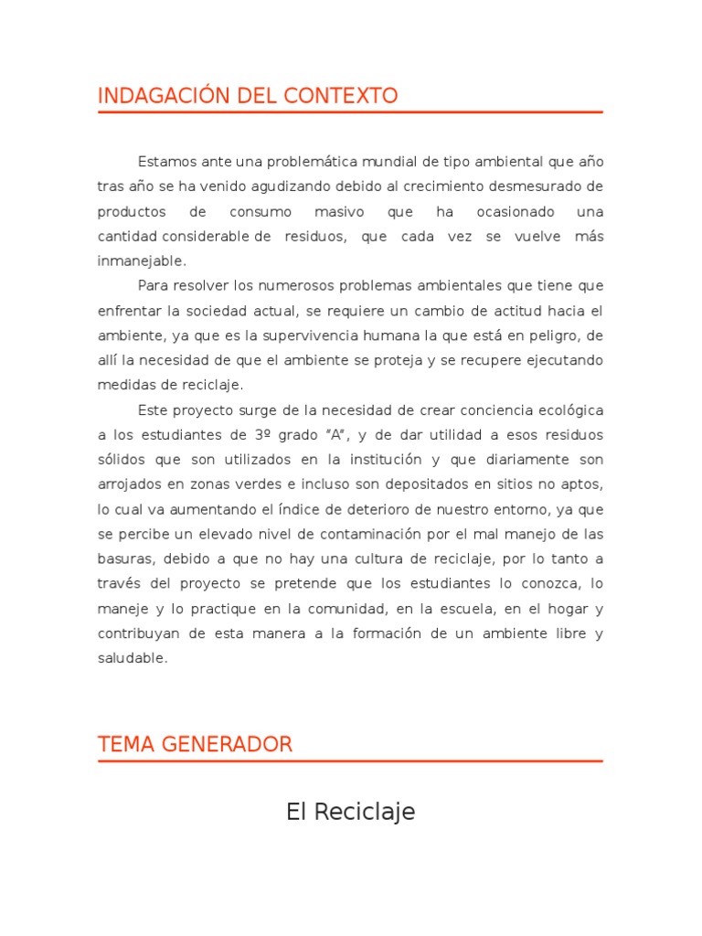 Proyecto De Aprendizaje Sobre El Reciclaje Pdf Reciclaje Residuos