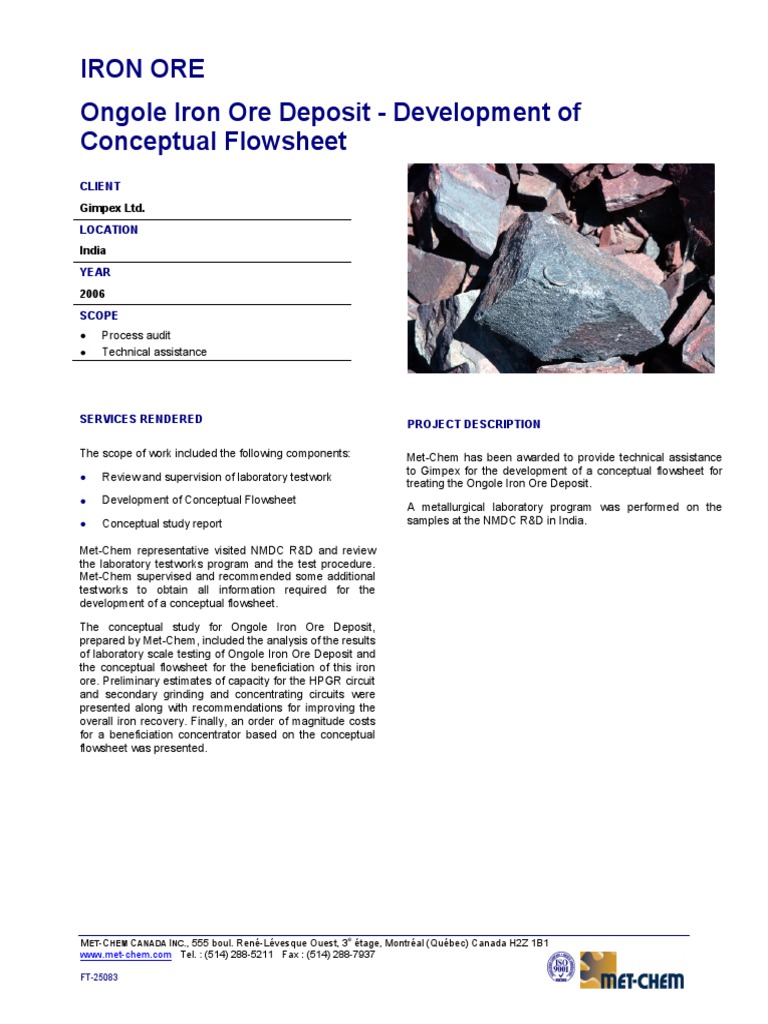 Iron Ore Ongole Iron Ore Deposit - Development of Conceptual Flowsheet ...