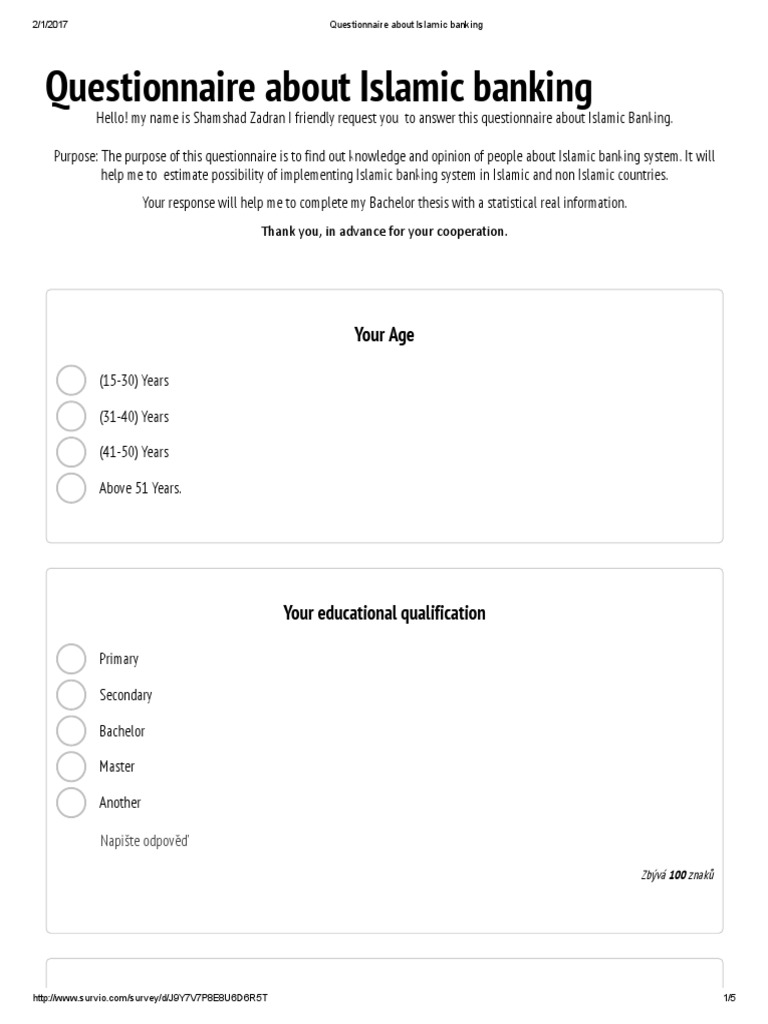 Questionnaire About Islamic Banking | Islamic Banking And Finance | Banks