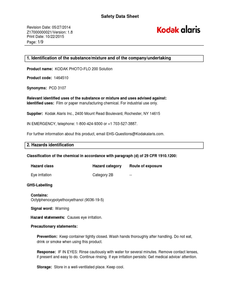 Kodak PHOTO-FLO 200 Solution | PDF | Safety | Occupational Safety And ...