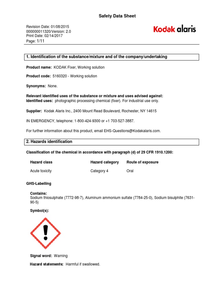 KODAK Fixer Safety Data Sheet | PDF | Toxicity | Ventilation (Architecture)