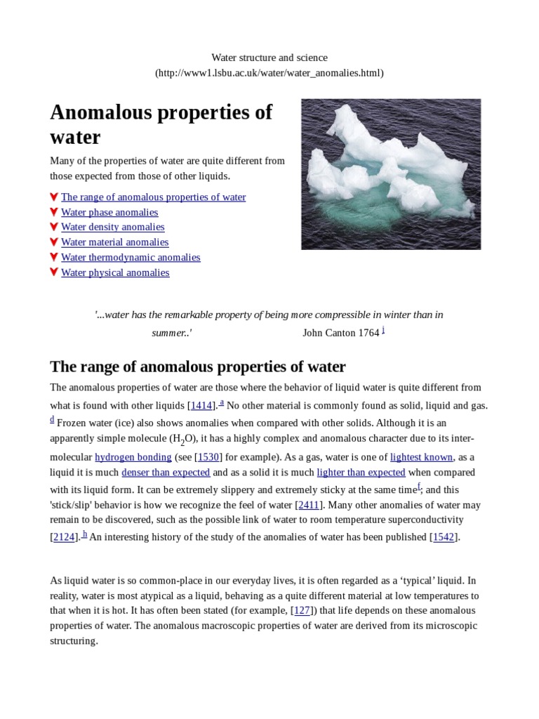 Anomalous Properties of Water Explained | PDF | Properties Of Water ...
