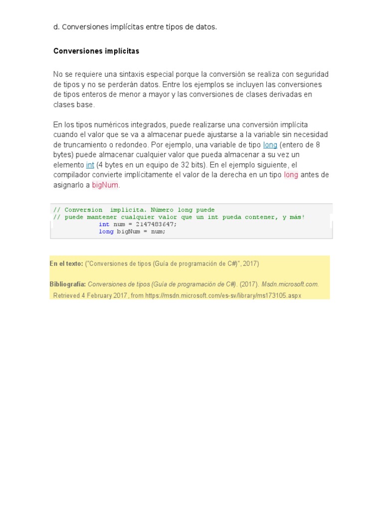 Conversiones implícitas entre tipos de datos en C# | PDF