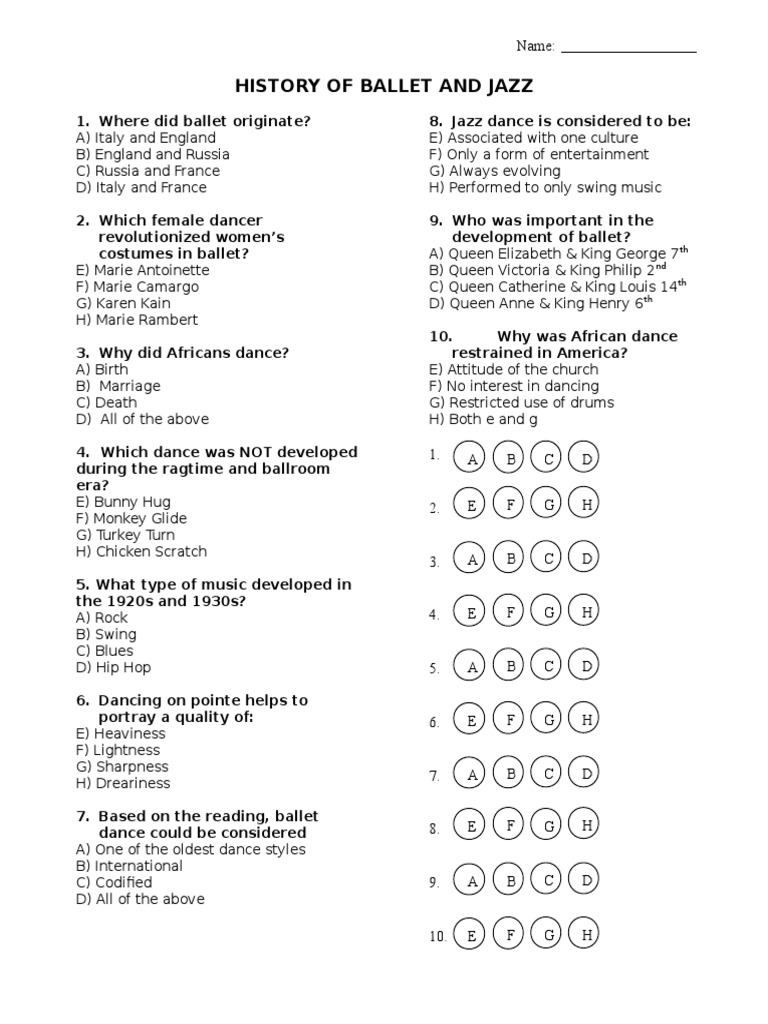 History of Ballet and Jazz Worksheet | PDF | Ballet | Dances