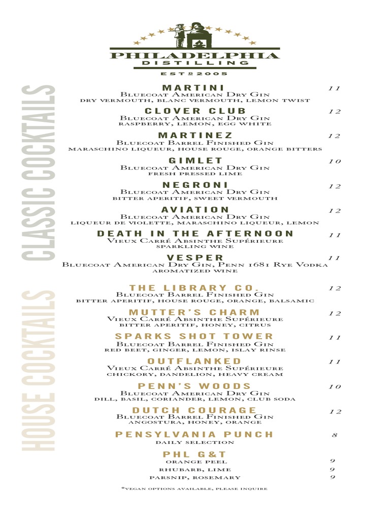 Philadelphia Distilling Cocktail Menu | PDF | Gin | Martini (Cocktail)