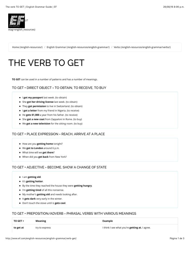 The Verb TO GET - English Grammar Guide - EF | PDF | English Grammar ...