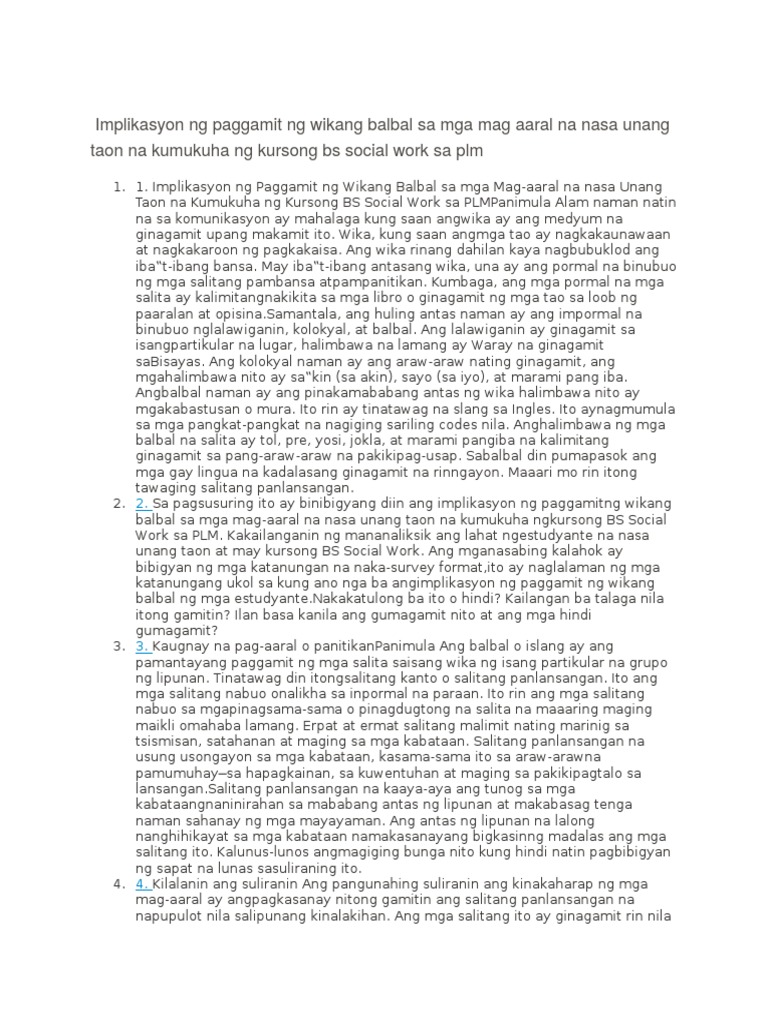Implikasyon NG Paggamit NG Wikang Balbal Sa Mga Mag Aaral Na Nasa Unang ...
