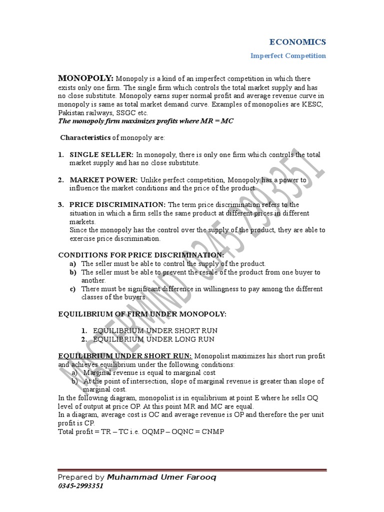 Imperfect Competition Oligopoly Monopoly