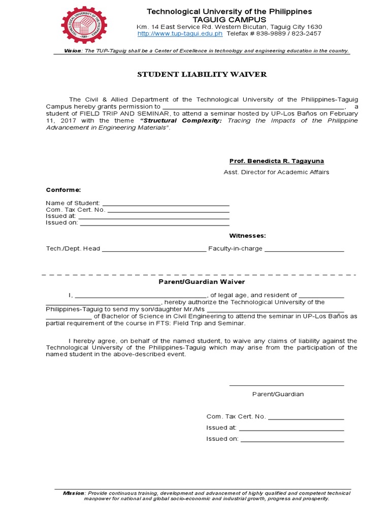 TUP Taguig Student Liability Waiver Form | PDF | Business