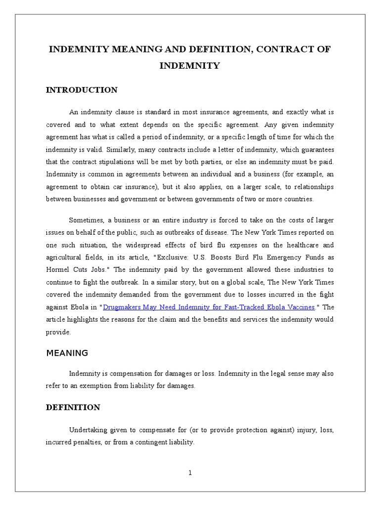 Indemnity Contract Of Indeminity Pdf Indemnity Insurance