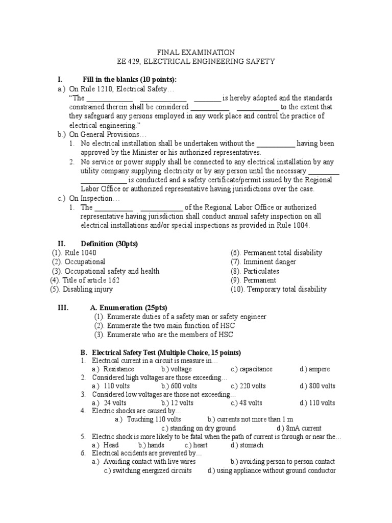 Electrical Engineering Safety Final Exam | PDF | Switch | Fuse (Electrical)