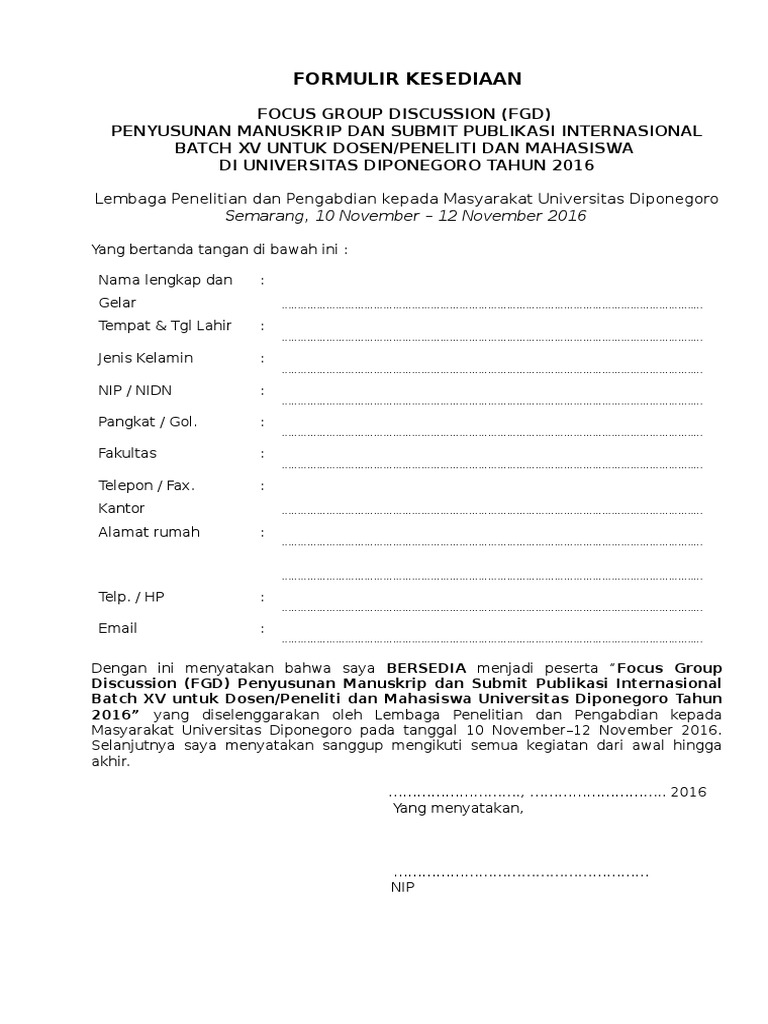 Form Kesedian Peserta FGD Manuskrip Batch XV | PDF