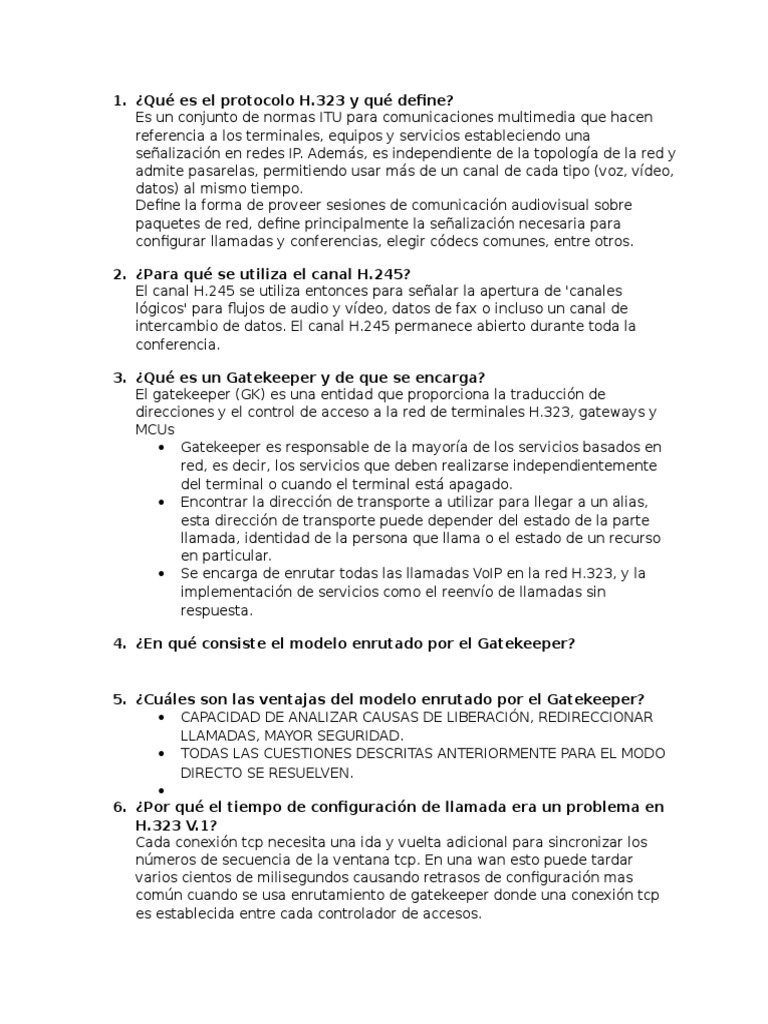 Banco de Preguntas H 323 Completo | PDF | Protocolo de Control de Transmisión | Estándares de red