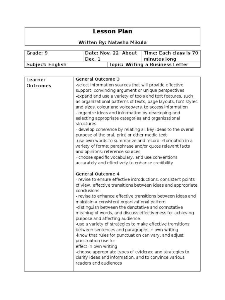Grade 9 Business Letter Writing Lesson | PDF | Lesson Plan | Paragraph