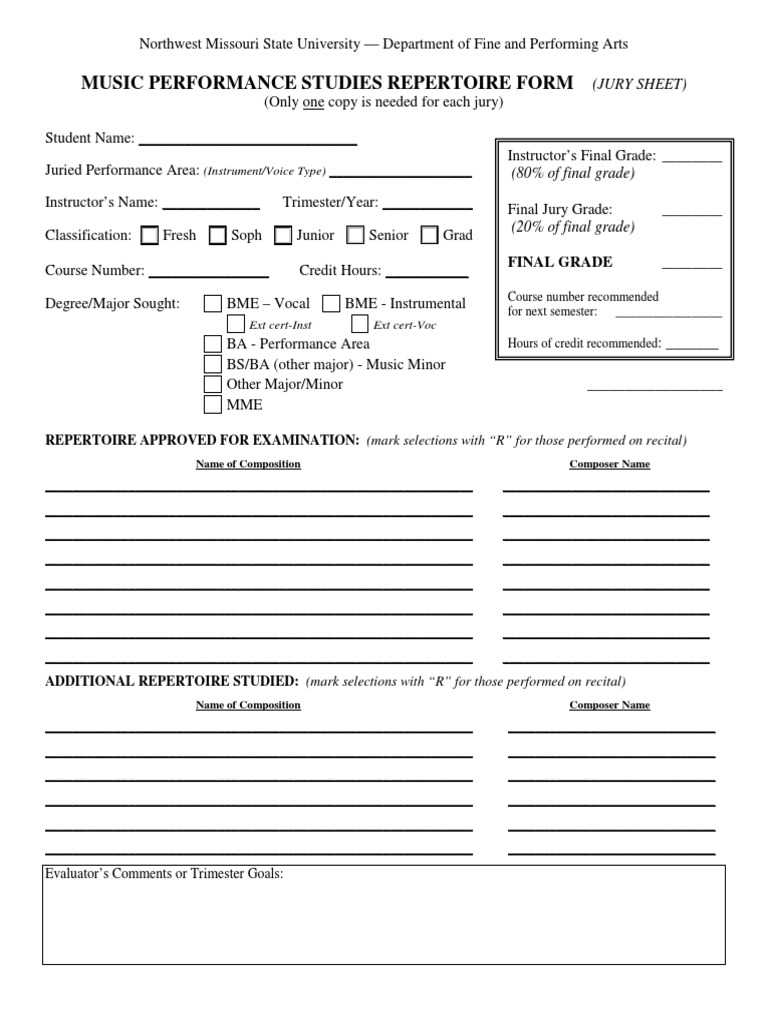 Music Performance Studies Repertoire Form: (Instrument/Voice Type) | PDF
