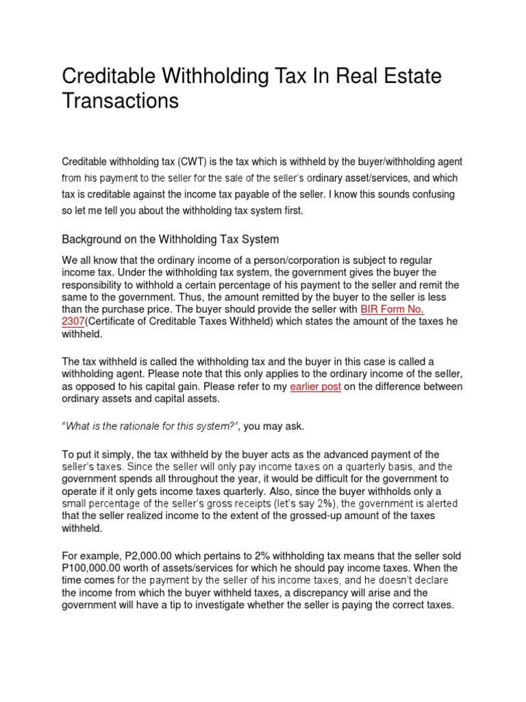 Creditable Withholding Tax Reviewer | PDF | Withholding Tax | Income ...