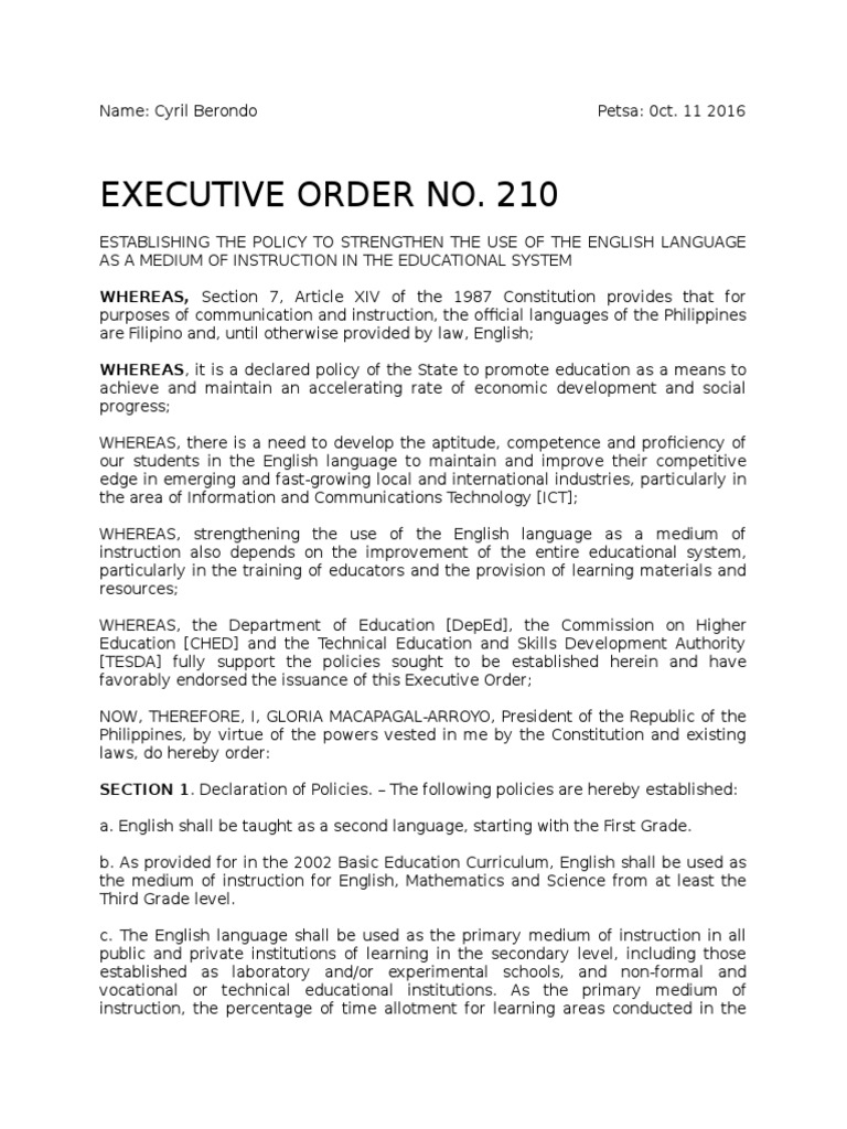 Executive Order No. 210 | PDF | Curriculum | Philippines