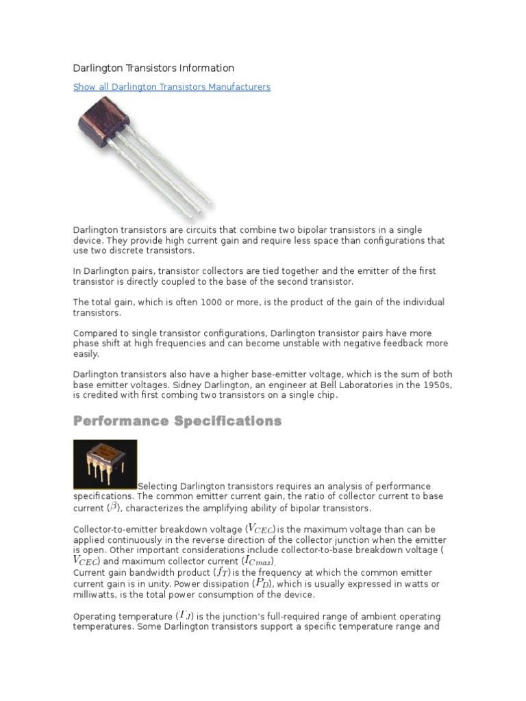 Darlington Transistors Information | PDF | Bipolar Junction Transistor ...