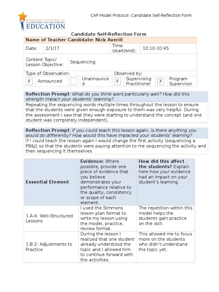 Cap-Self-Reflection 3 Nick Averill | PDF | Educational Assessment ...