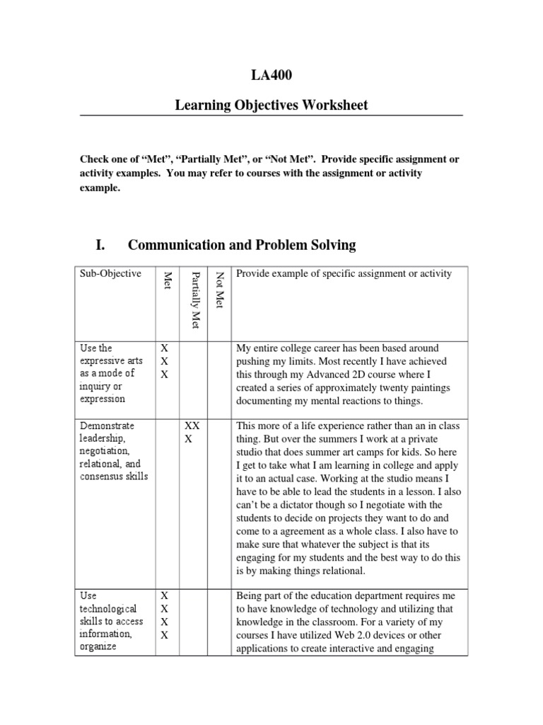 Learning Objectives Worksheet | PDF