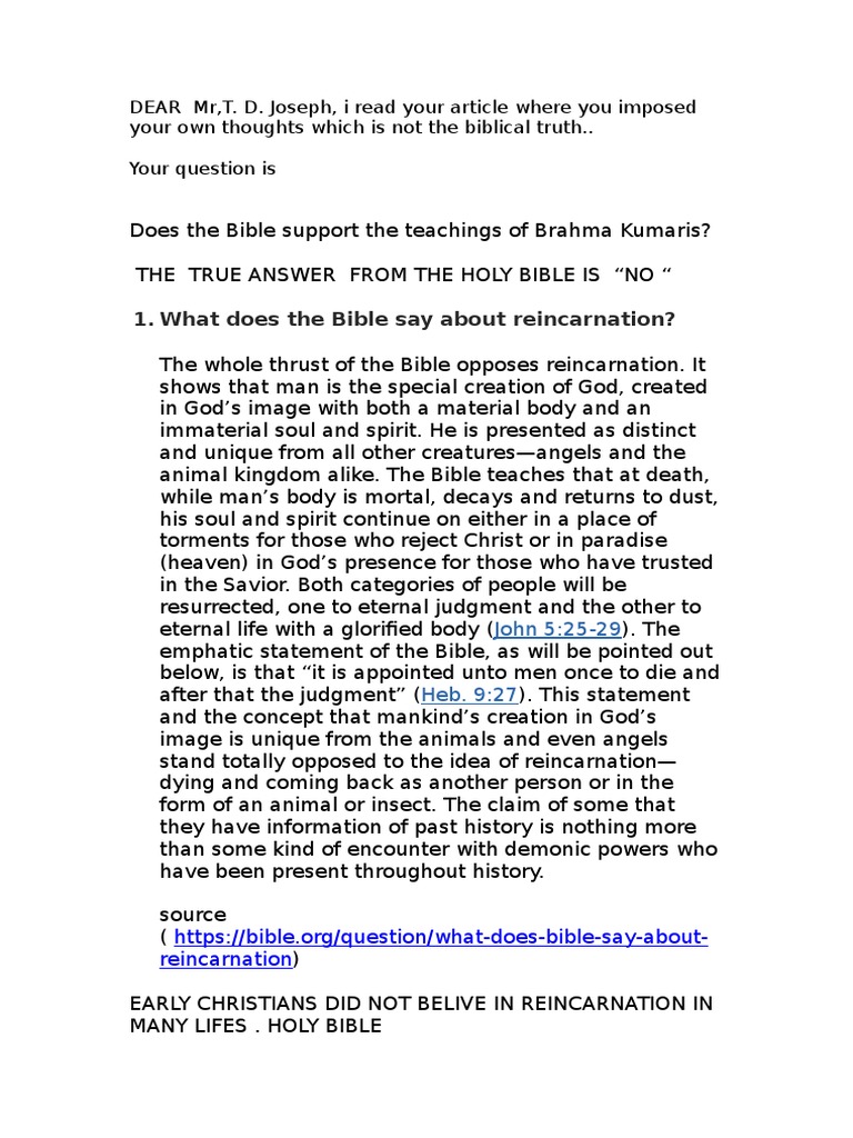 Bible Rejects Reincarnation Teachings | PDF