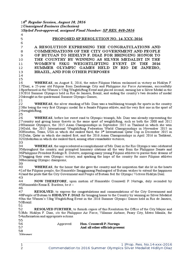 Proposed Resolution 14-XXX-2016 - Commendation To 2016 Summer Olympics ...