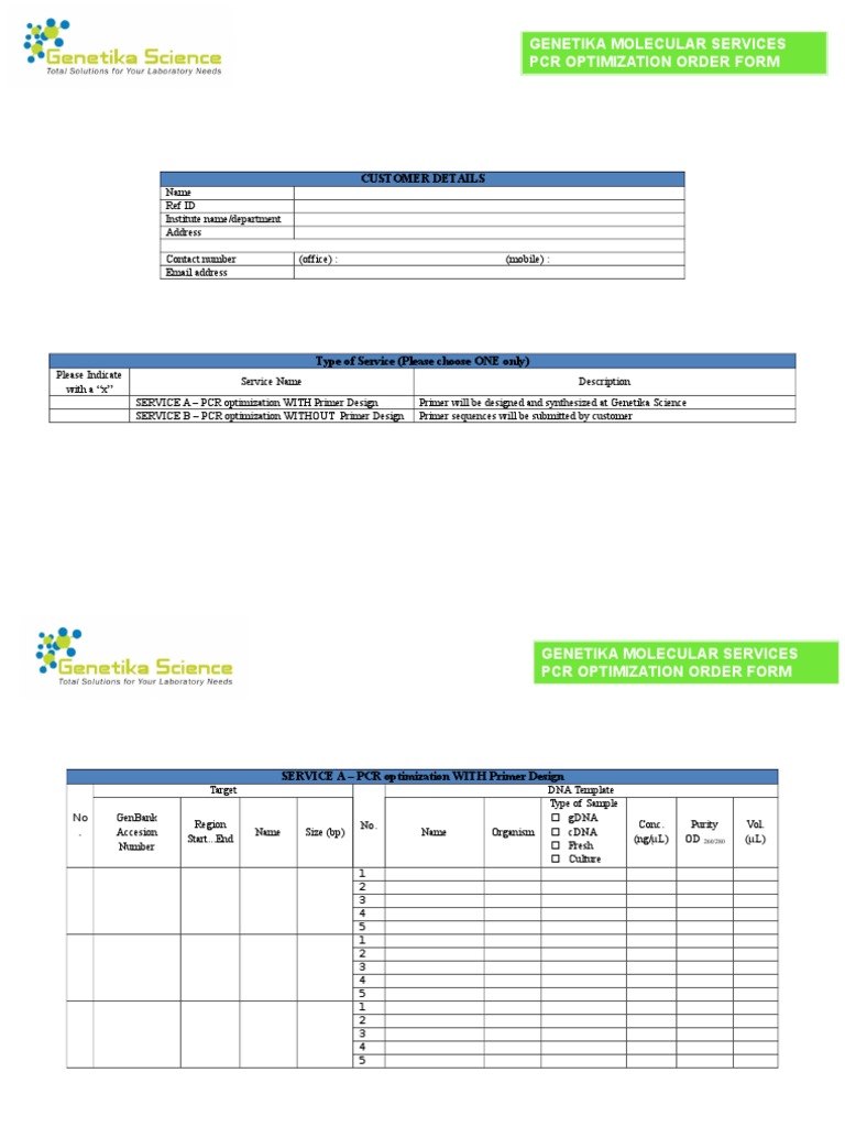 PCR Optimization Order Form | PDF | Polymerase Chain Reaction | Primer ...