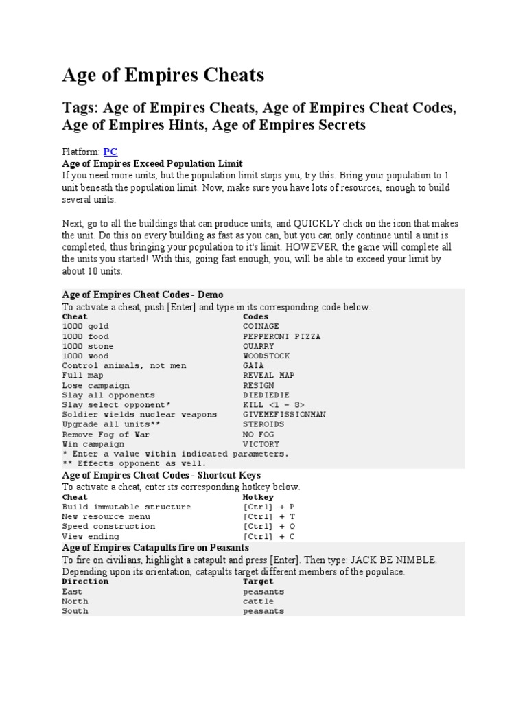Age of Empires Cheats | PDF | Keyboard Shortcut | Leisure