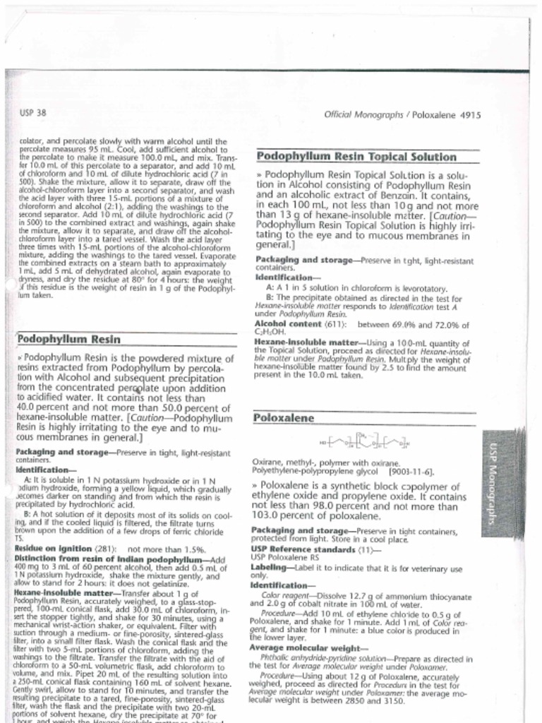 Podophyllum Resin and Podophyllum Tropical Solution USP38 Monograph | PDF