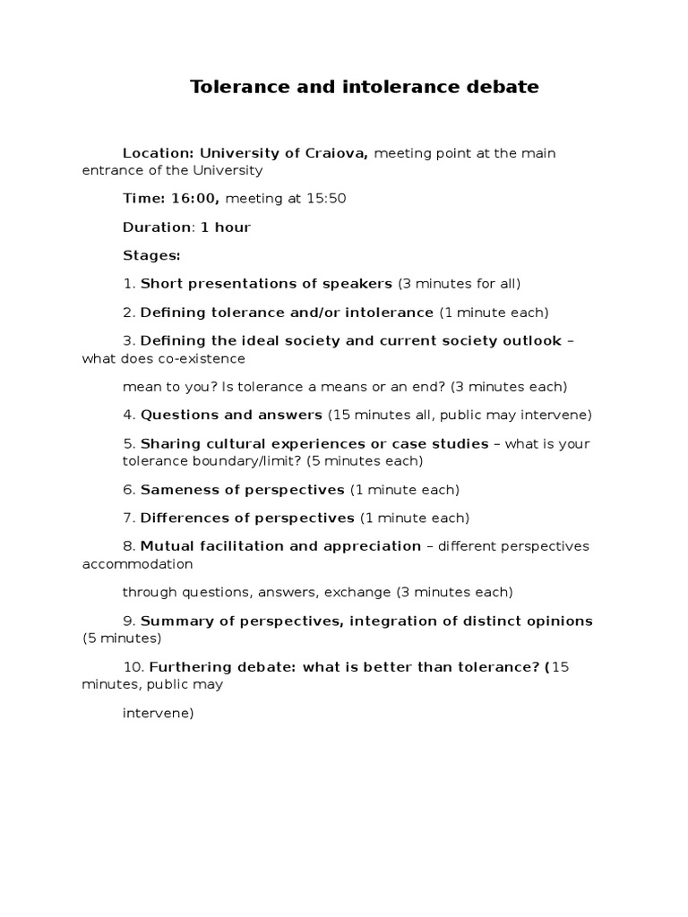 Tolerance and Intolerance Debate: Location: University of Craiova ...