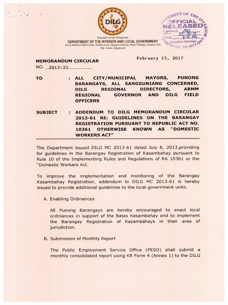 DILG MC 2017-033 Addemdum To DILG MC 2013-61 Re Guidelines On The ... DILG MC 2017-033 Addemdum To DILG MC 2013-61 Re Guidelines On The ...