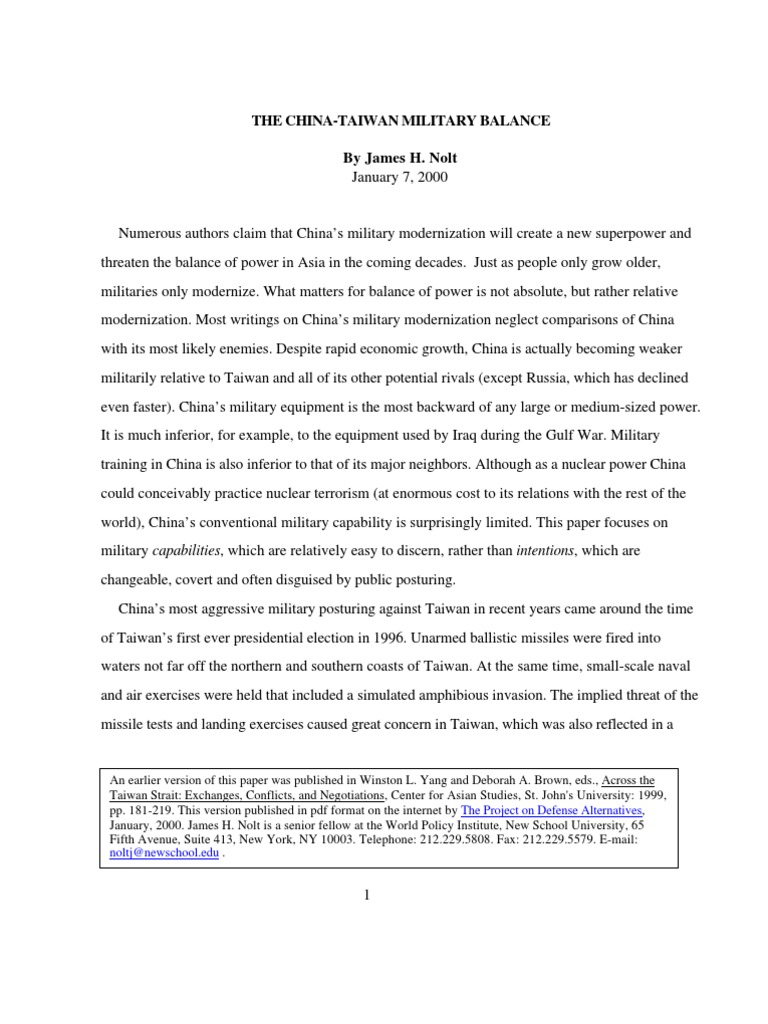 The China-Taiwan Military Balance by James H. Nolt: The Project On ...