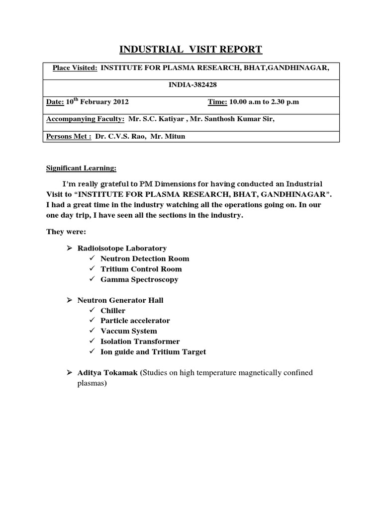 Industrial Visit Report-Ipr | PDF | Tokamak | Plasma (Physics)