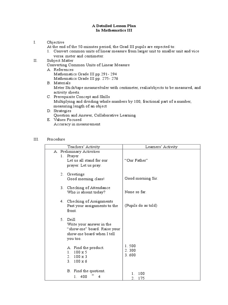 Grade 3 Detailed Lesson Plan Mathematics | PDF | Yarn | Lesson Plan