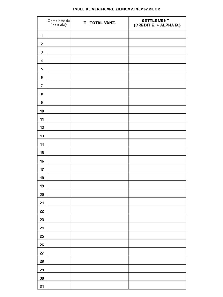 Completat de (Initialele) :: Z - Total Vanz. Settlement (Credit E ...