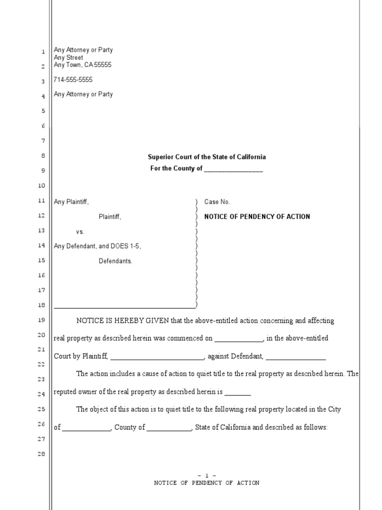 Sample Lis Pendens For California | PDF | Complaint | Civil Law (Common ...