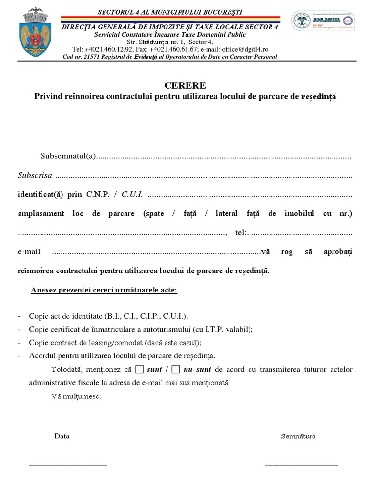 Cerere Reinnoire Acord Parcare | PDF