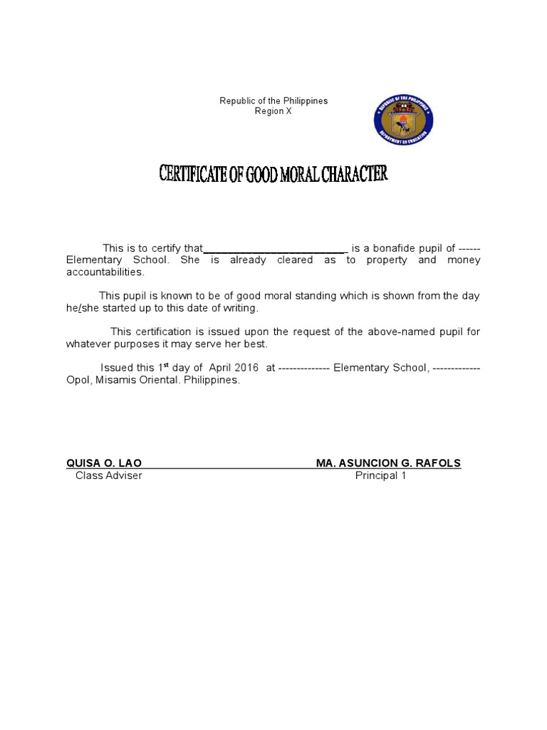 Certificate of Good Moral Character | PDF