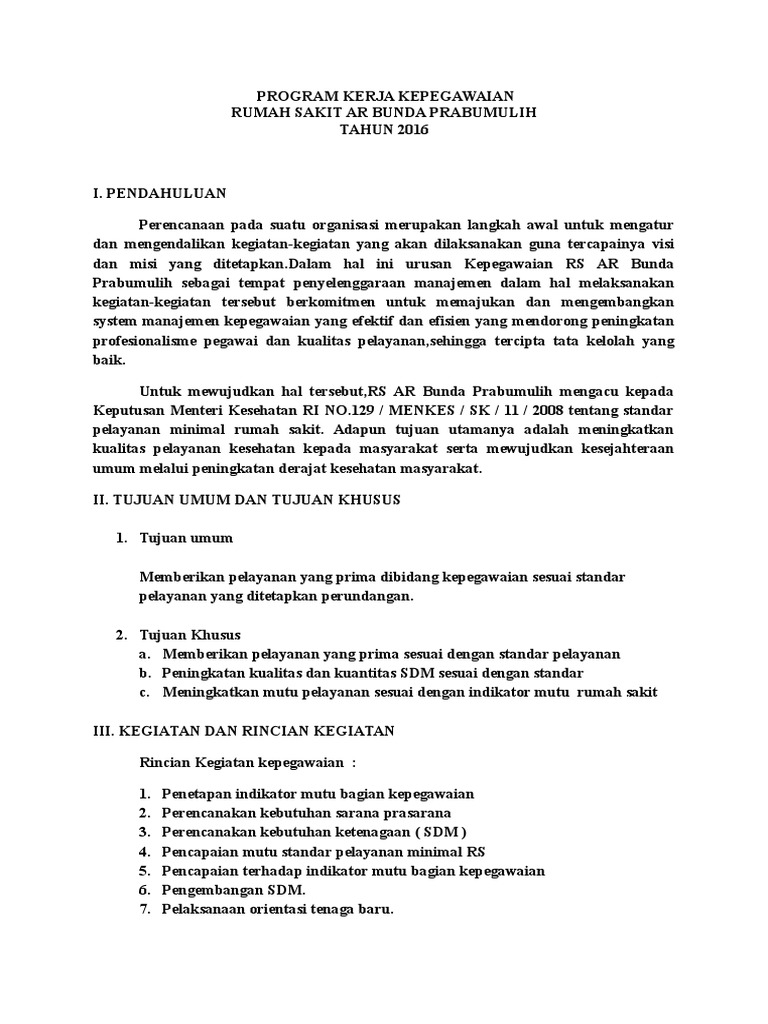 Program Kerja Kepegawaian RS AR Bunda | PDF | Pengelolaan Keuangan & Uang