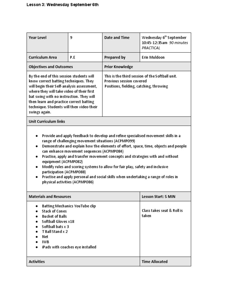 Lesson Plan 3 | PDF | Batting (Baseball) | Softball