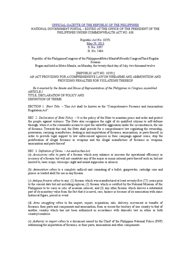 RA 10591 | Firearms | Projectile Weapons