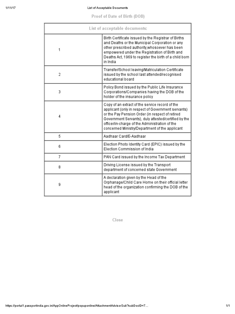List of Acceptable Documents-DOB For Passport | PDF | Birth Certificate ...
