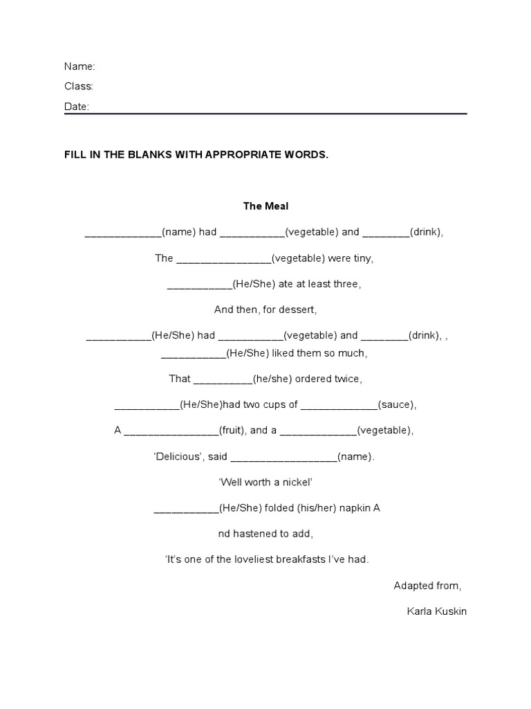 Student worksheet poem fill in the blanks | PDF