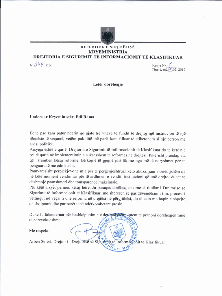 Letra e Dorëheqjes Së Arben Seferit | PDF